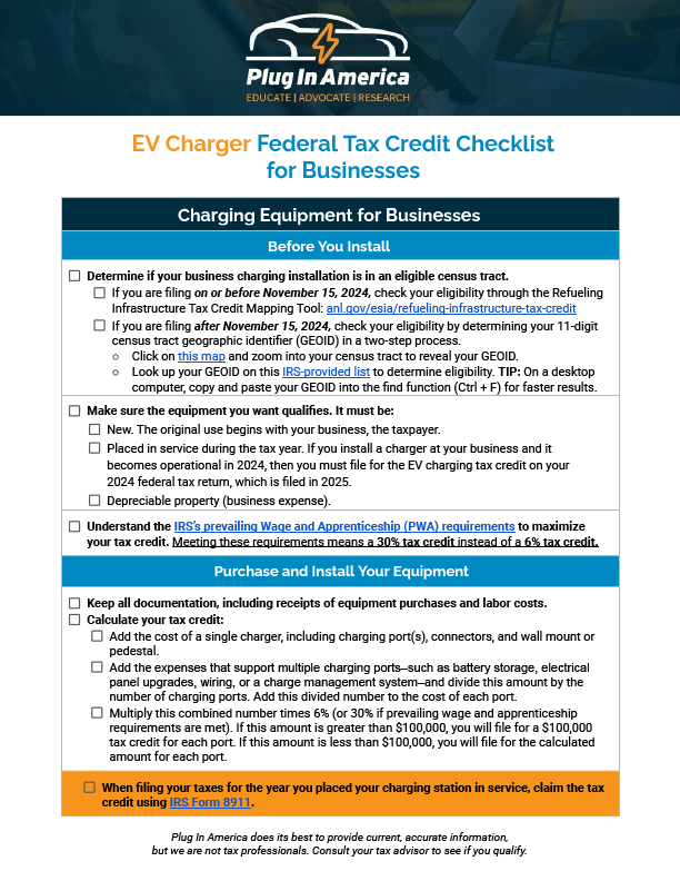 Federal Tax Credits for EV Charging Infrastructure (30C) - Plug In America